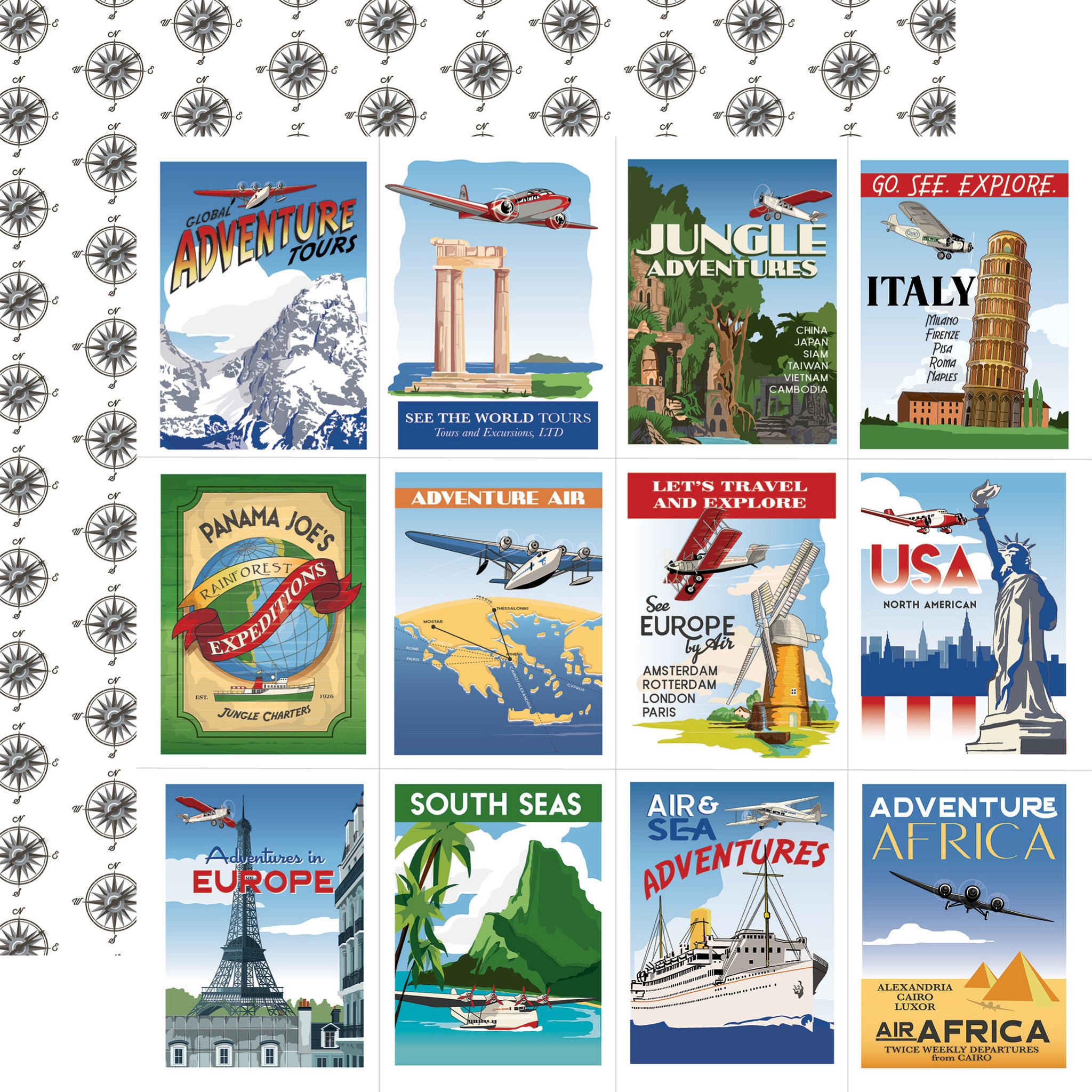 Our Travel Adventure: Travel Posters - Papel Scrap 12x12 - Echo Park